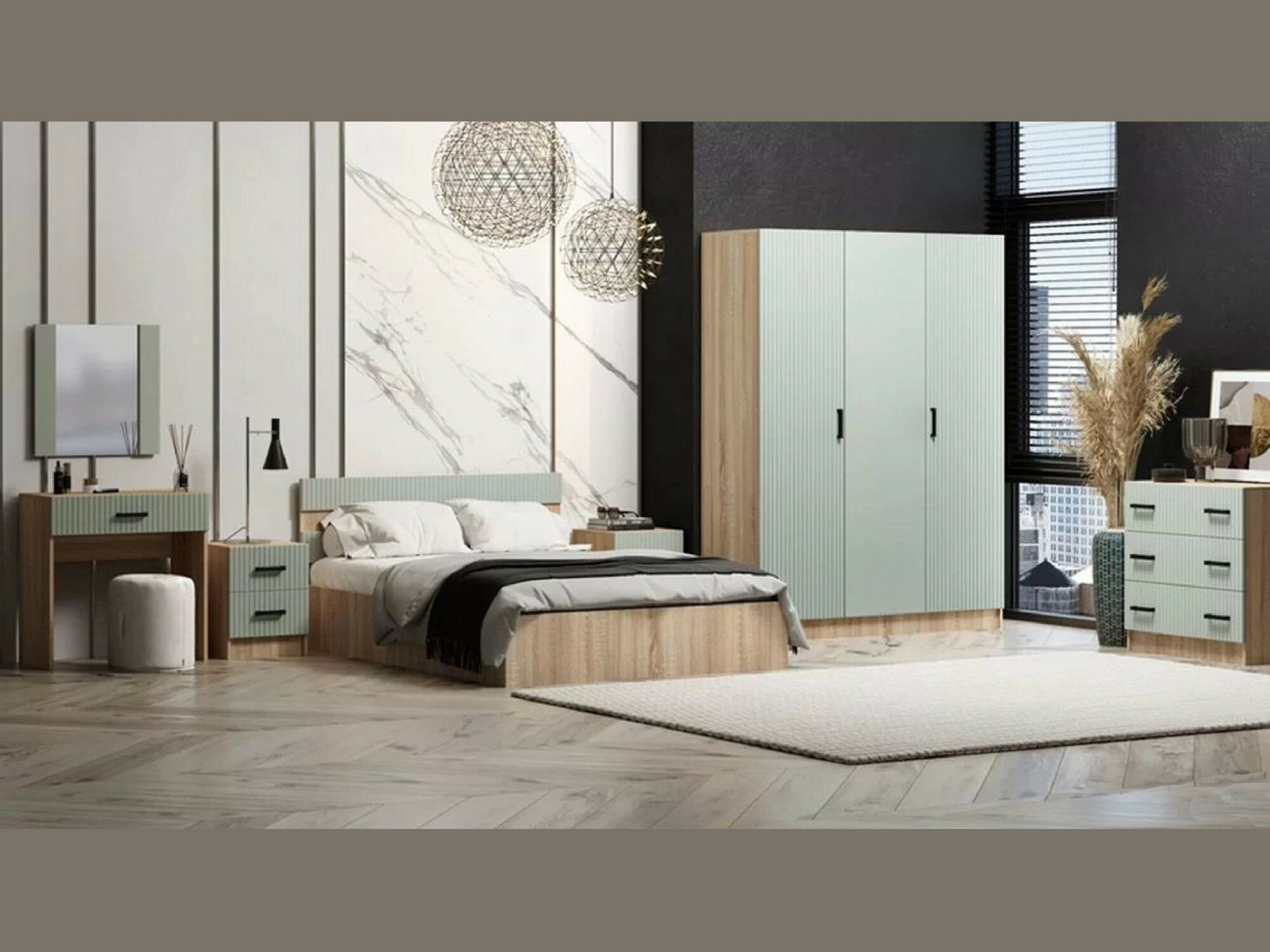 Модульная спальня из МДФ, композиция 2 (Фисташка, Дуб Сонома)