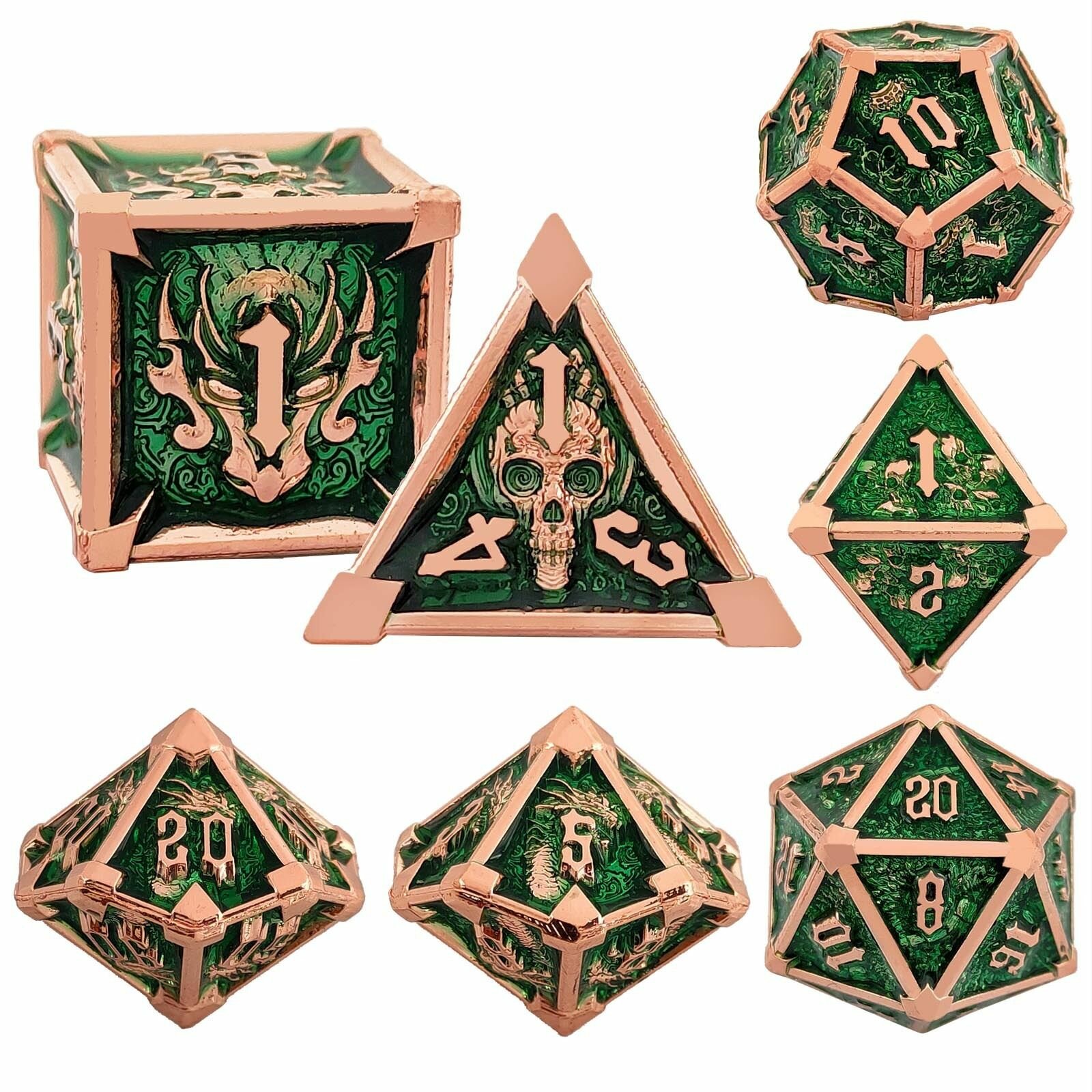 DnD Skull&Dragon Metal Dice Set, кубики метал для DnD и настольных ролевых игр (дайсы ДнД) 7 шт.