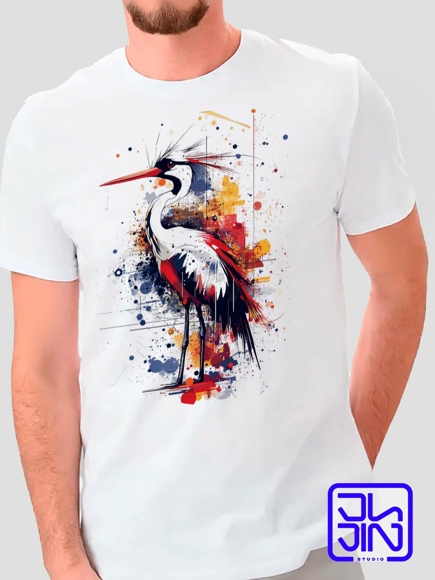 Футболка классическая мужская с авторским принтом Журавль абстрактный черно-белый, черно-красный в стиле граффити абстракции, белый хлопковый трикотаж с прикольным рисунком на груди