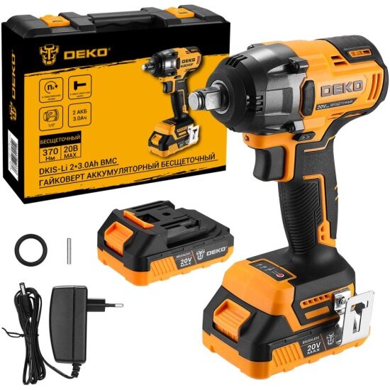 Deko Гайковерт аккумуляторный бесщеточный DKIS-Li, 20В, 2*3.0Ач, 370 Нм, в кейсе (083-1083)