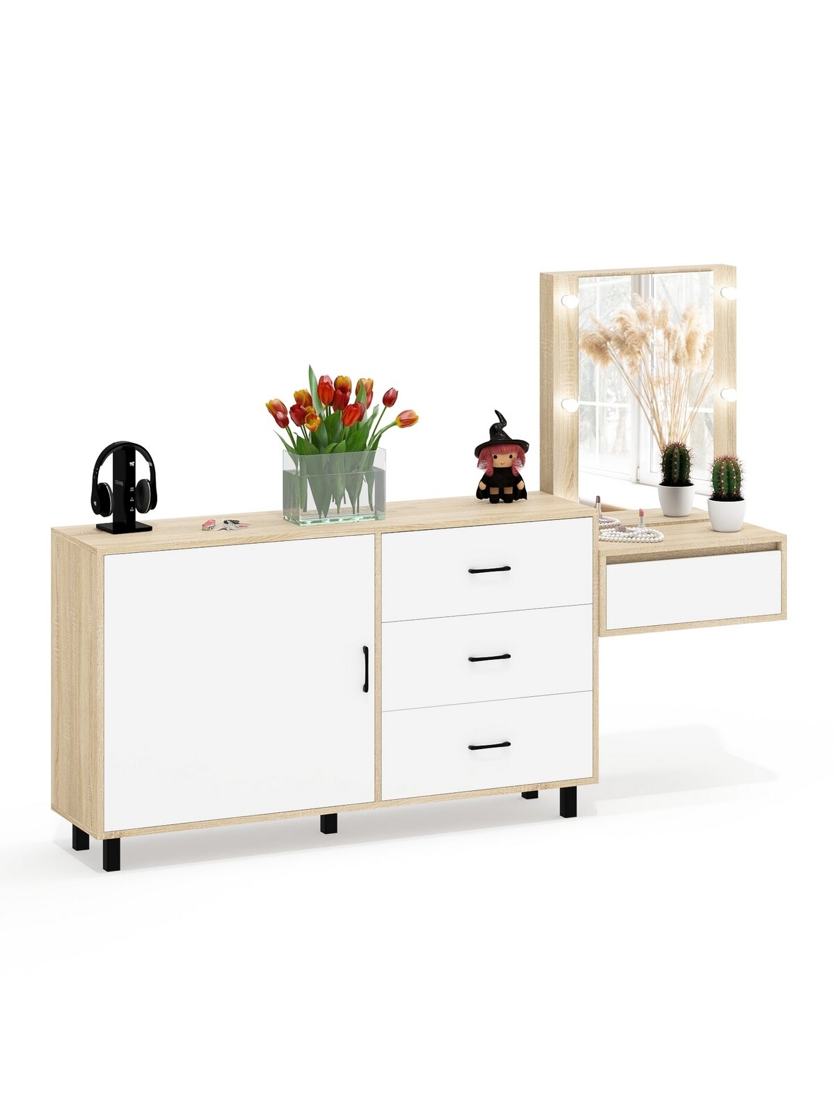 Стол косметический навесной с подсветкой и комод 122-1504, дуб сонома/белый, 211х38,4х150 см.