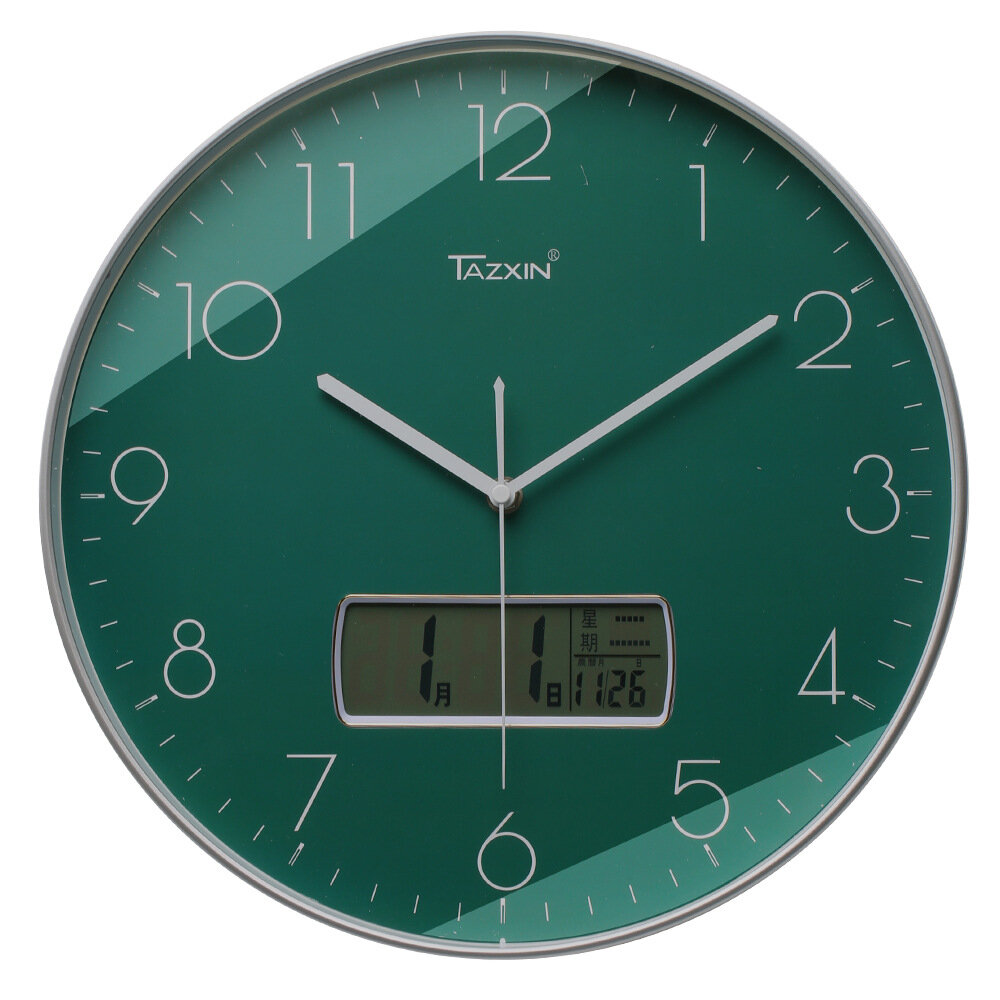 Современные настенные часы с цифровым календарем | Бесшумные кварцевые часы без тиканья | Зелёный циферблат с отображением даты | Работают от батареек | Простые и стильные часы для дома, офиса, кухни