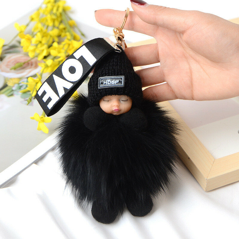 Premium quality fox fur pom pom charm with cute doll for eye-catching bag accessories