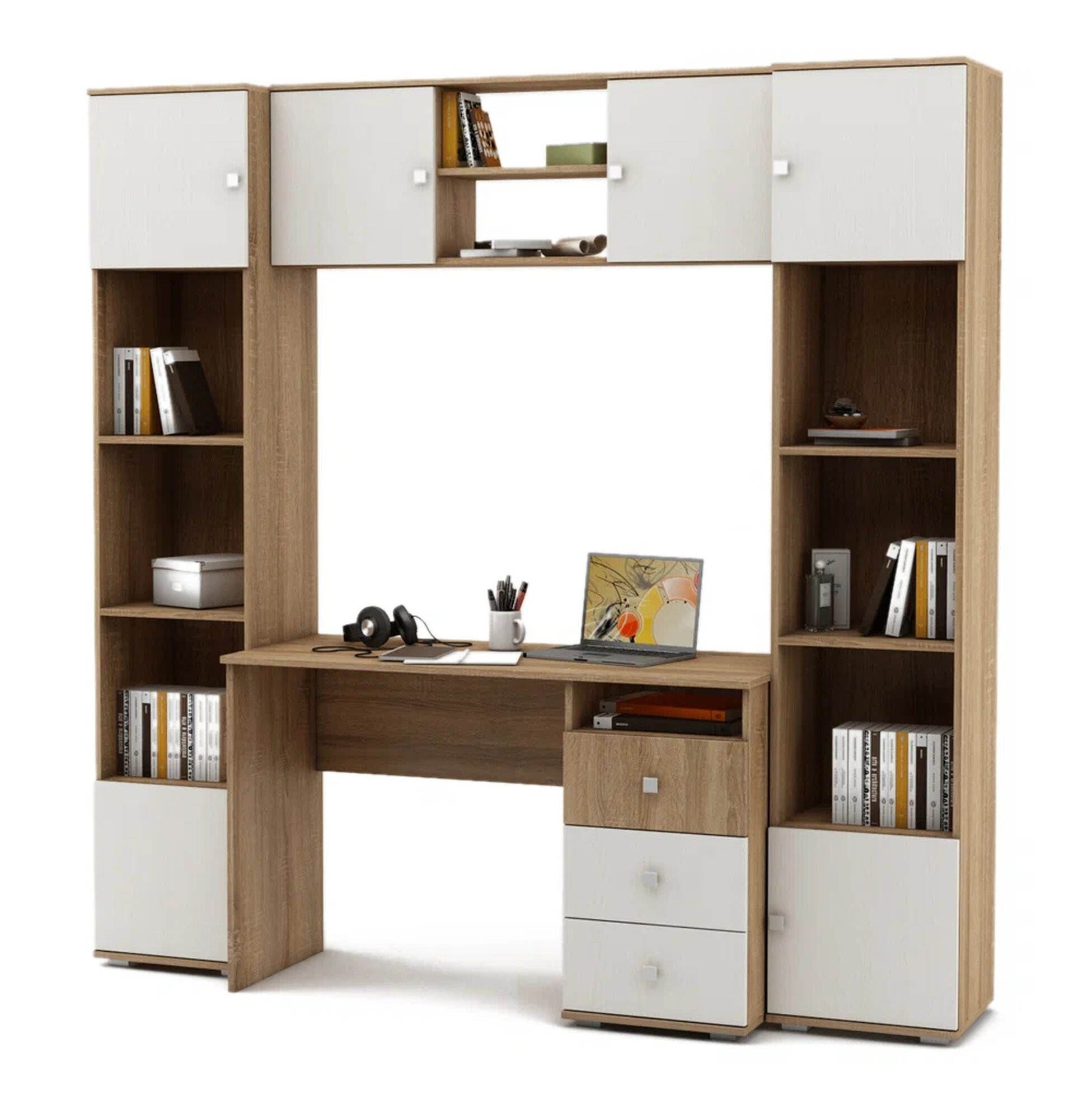 Стол письменный ВМФ Тунис (Никс) 2, дуб сонома/белый, ЛДСП, тумба справа, 3 ящика, 200x200x50см