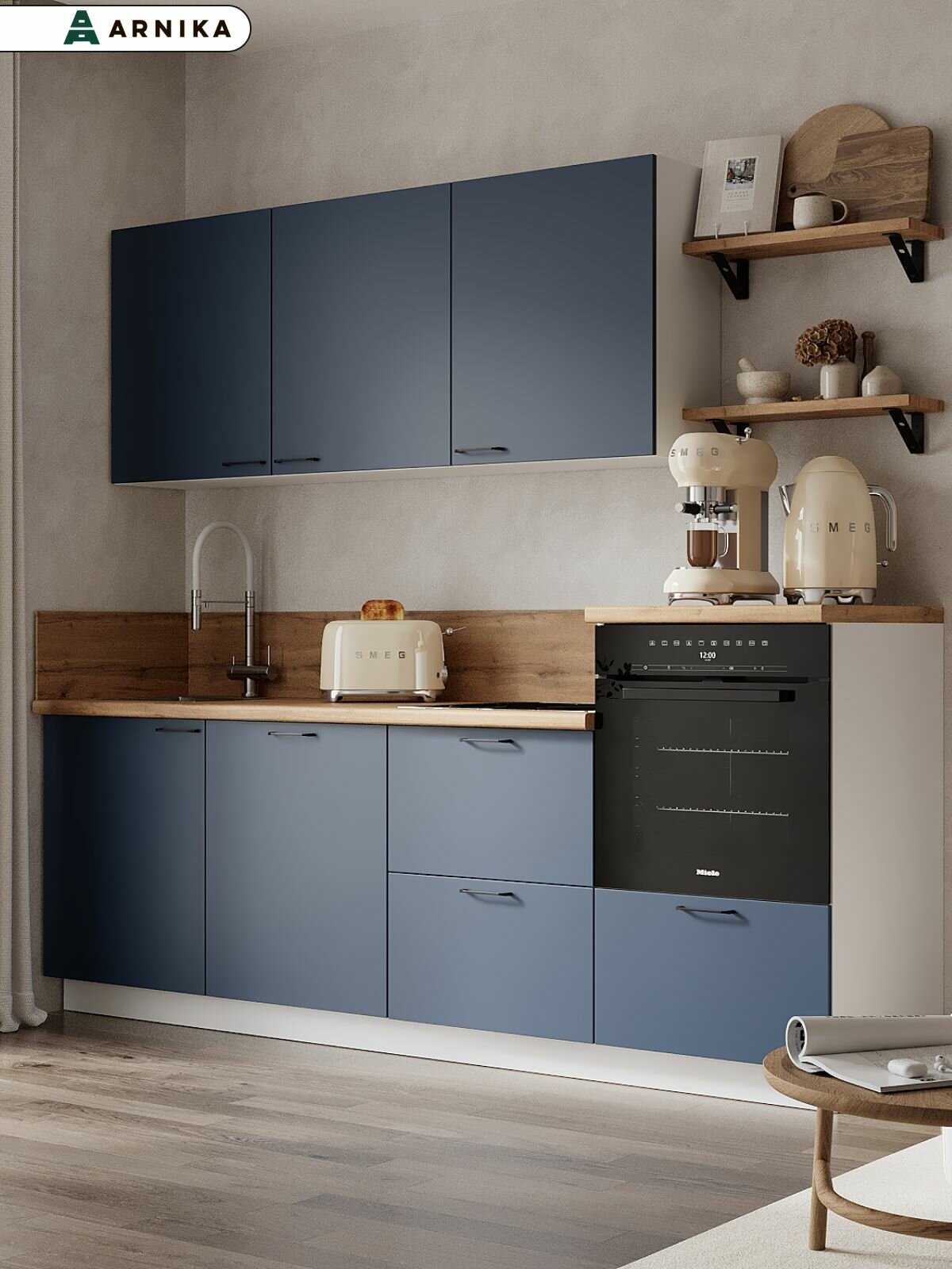 ARNIKA Кухонный гарнитур со столешницей "Дакия" 2,4м х 2,4м, цвет ежевика (синий), фасад пленка ПВХ