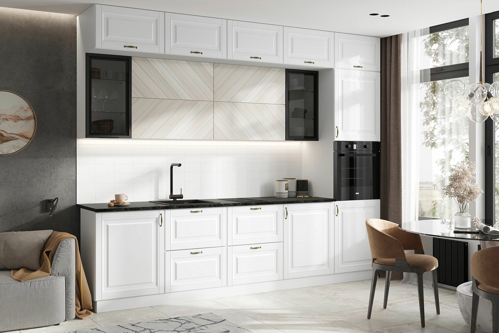 Кухня Престиж 3,0м (490) Компоновка №2 (Браш Вайт/Прайм жемчуг, Белый (Кастилло темный))