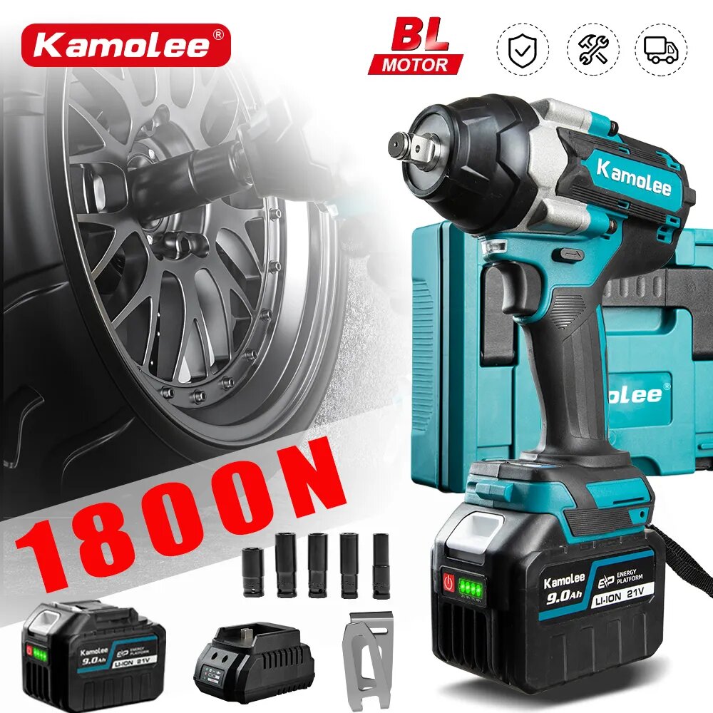 Электрический ударный гайковерт Kamolee, 1/2 дюйма, крутящий момент 1800 НМ, пластиковый ящик для инструментов, включая 5 ударных головок (батарея емкостью 9,0 Ач * 1)