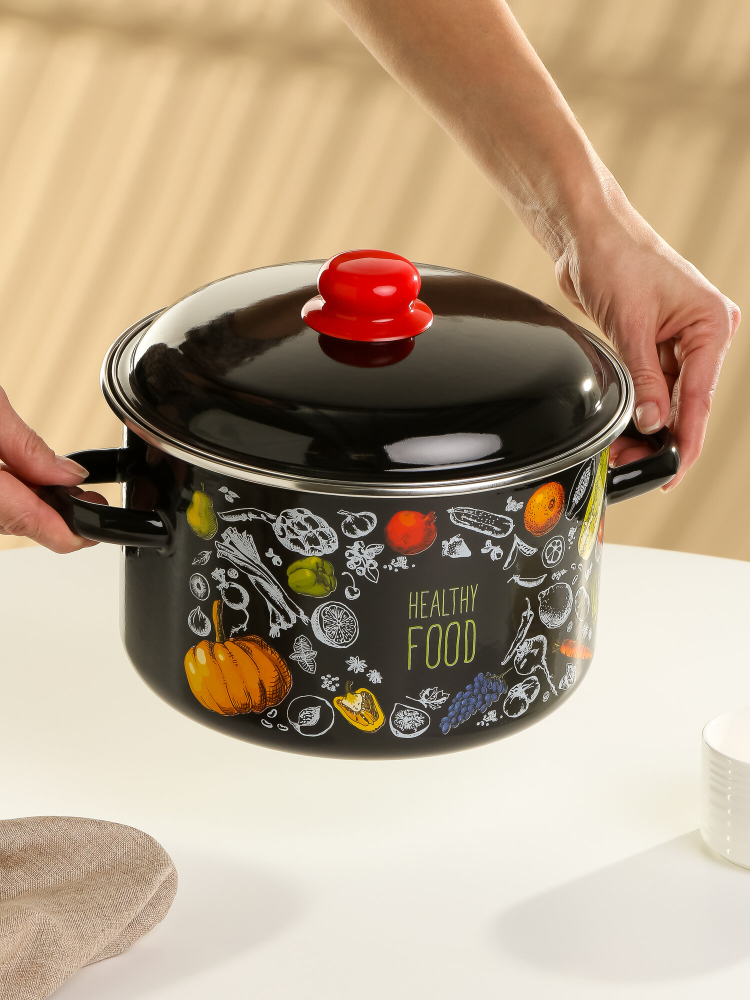 Кастрюля Appetite Healthy food 5.5л эмалированная сталь, индукция, 24см, черная цилиндрическая с крышкой, 1RD221М