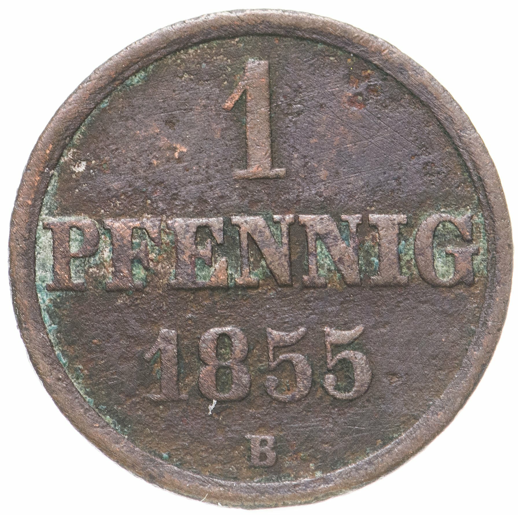 Германия, Королевство Ганновер 1 пфенниг 1855 В, Медь, в сохранности VF