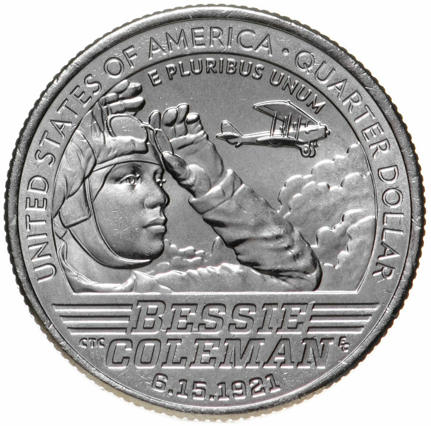США 1/4 доллара 25 центов, квотер 2023 P Американские женщины - Летчица Бесси Колман 6-я, Мельхиор медь-никель, в сохранности UNC