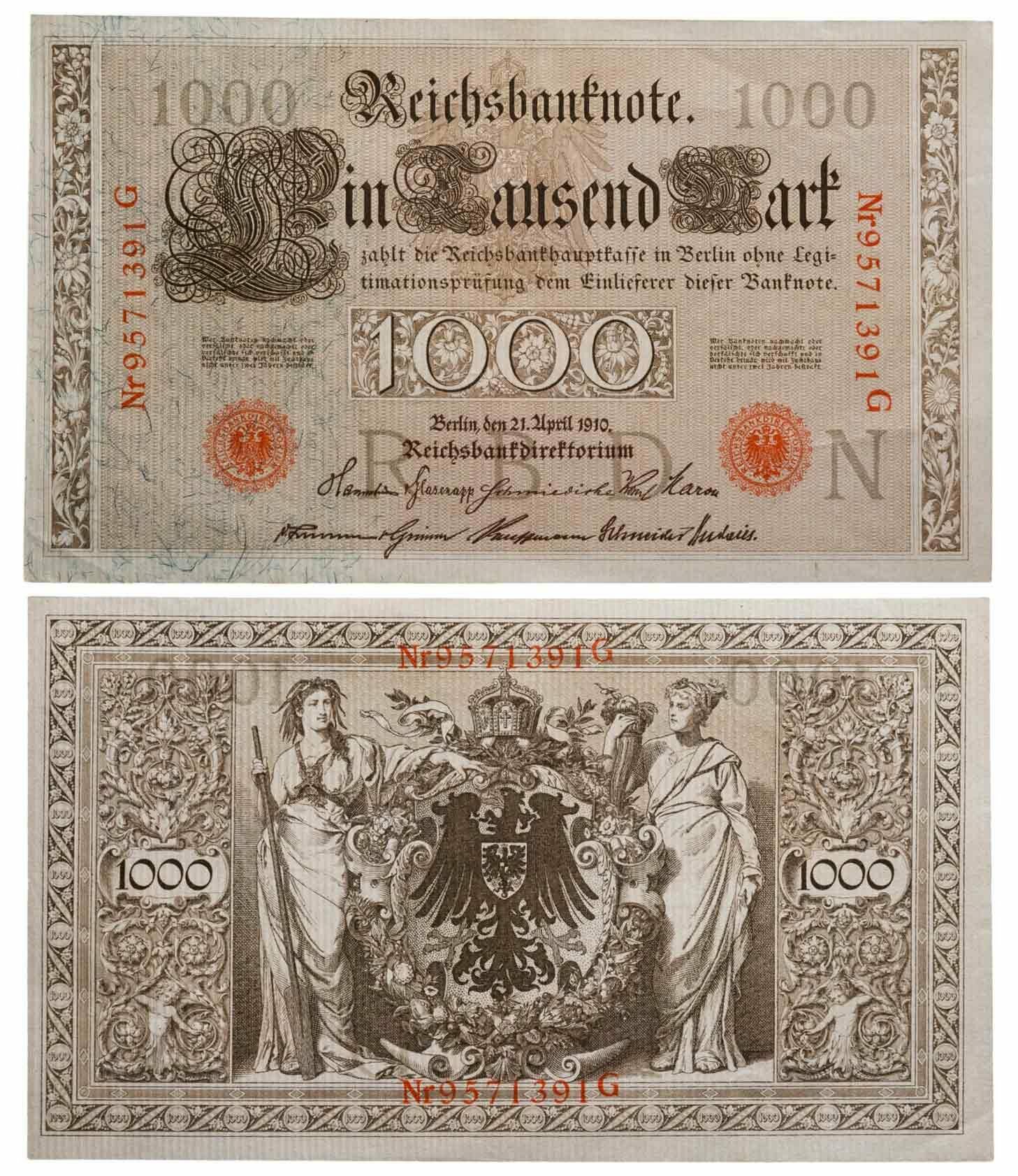 Германия 1000 марок 1910 красная печать