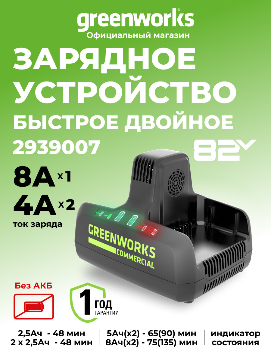 Быстрое зарядное устройство для 2-х аккумуляторов Greenworks 82V, 8А
