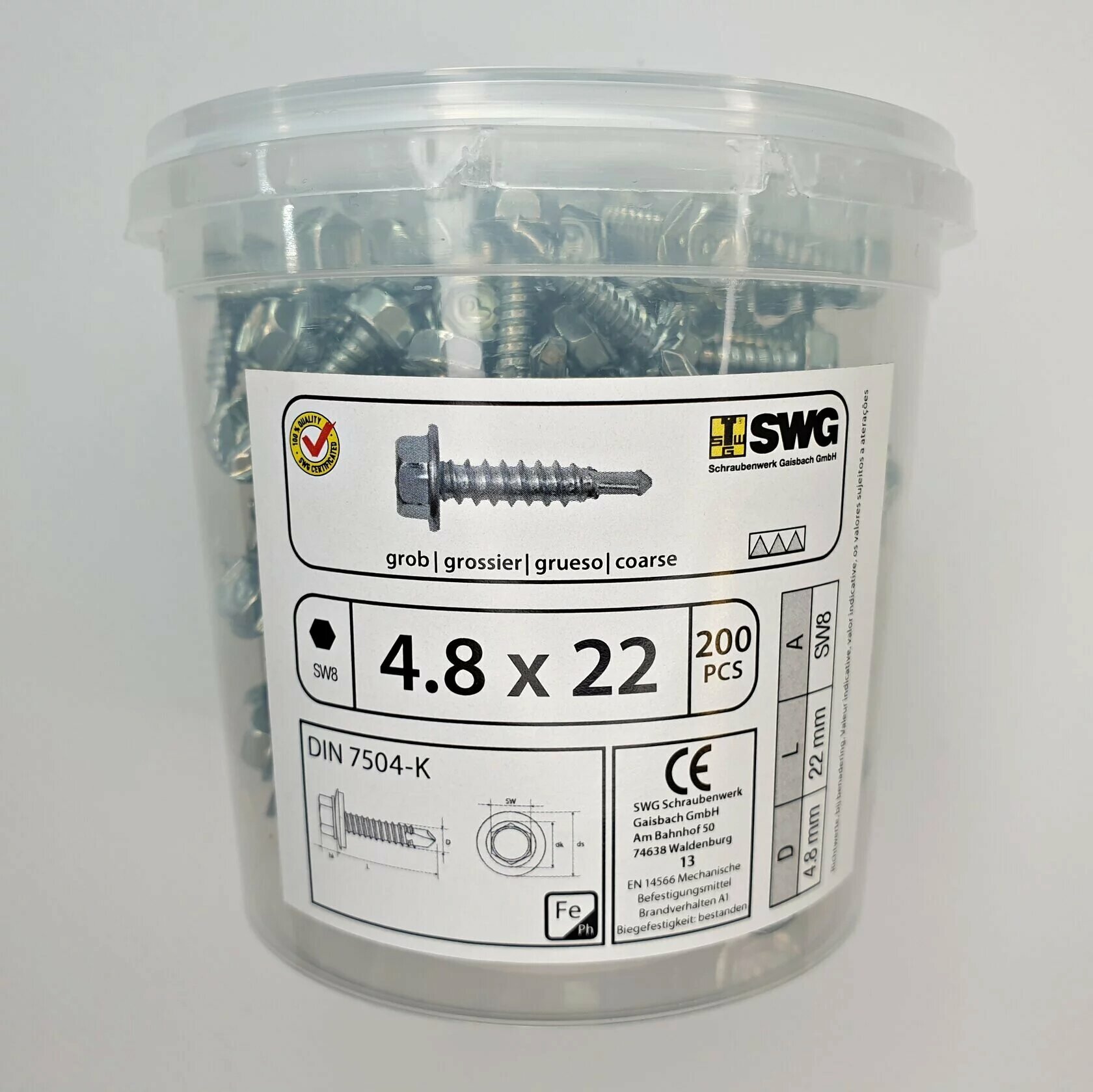 Саморез по металлу DIN 7504-K с фланцем 4.8x22 (200 pcs) SWG, Германия