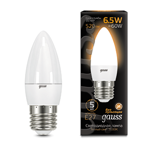 Лампа светодиодная Gauss Black, Свеча, 6.5W, 520lm, 3000К, цоколь E27, LED