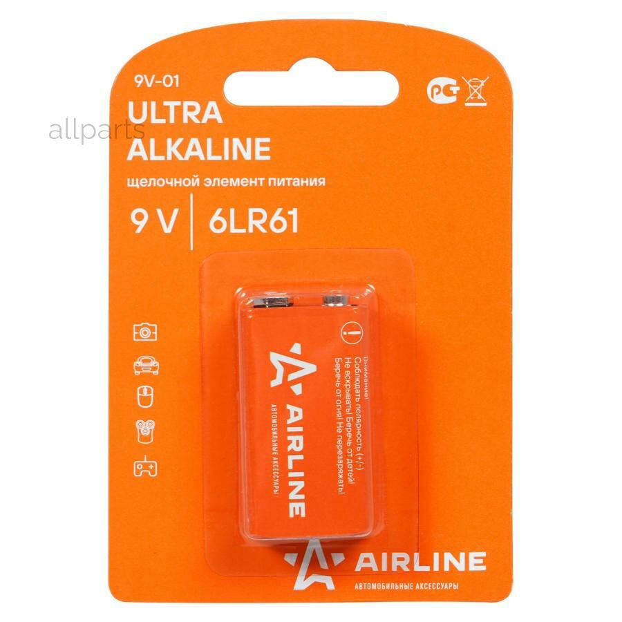 AIRLINE 9V-01 Батарейка алкалиновая AIRLINE Ultra Alkaline Крона 9V (1 шт) 9V-01