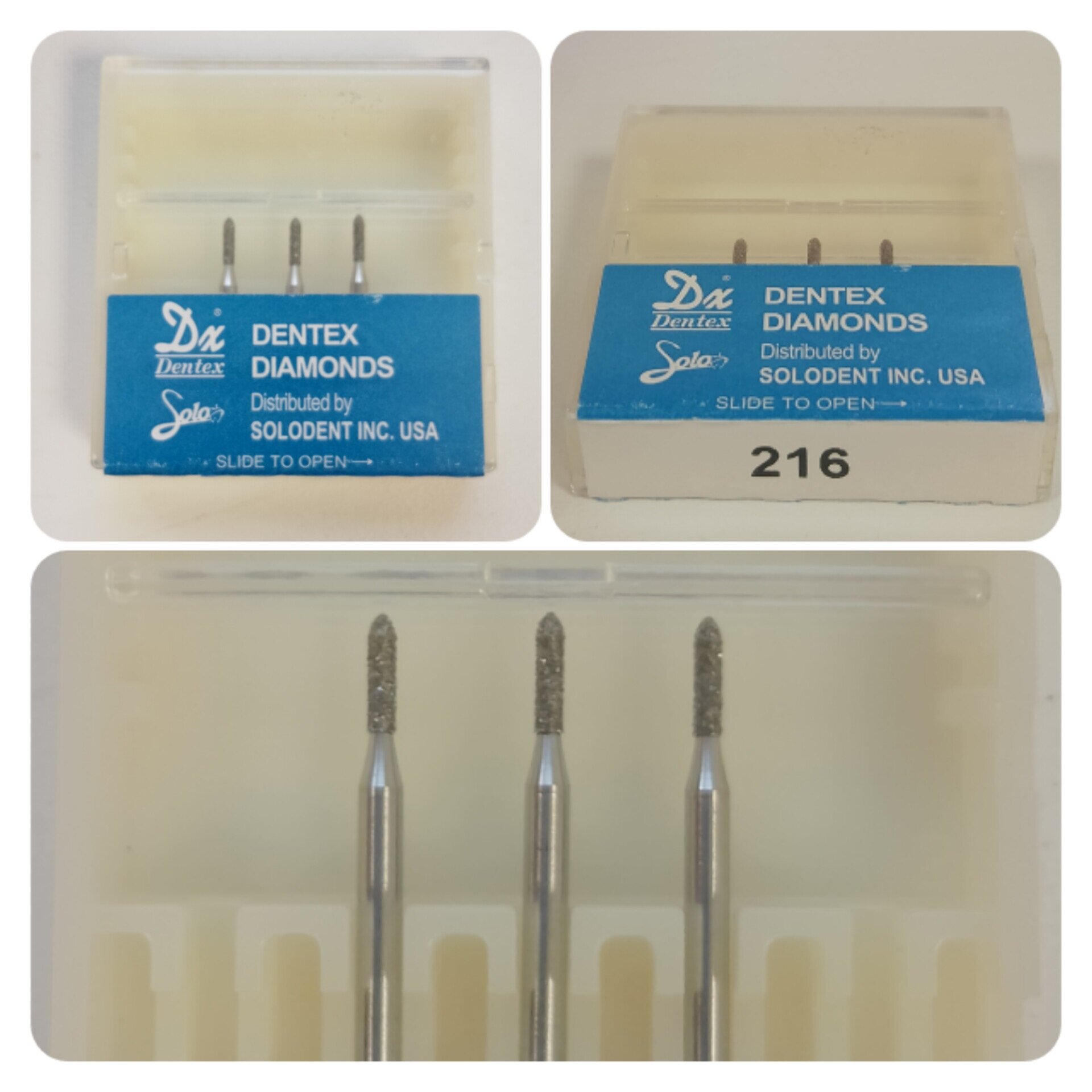 Боры стоматологические алмазные Dentex турбинные, цилиндр с усеченным концом, №216, размер 010, 3 штуки