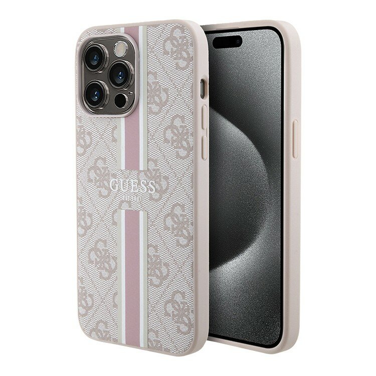 Guess чехол для iPhone 15 Pro, кожа PU 4G Stripes розовый (MagSafe)