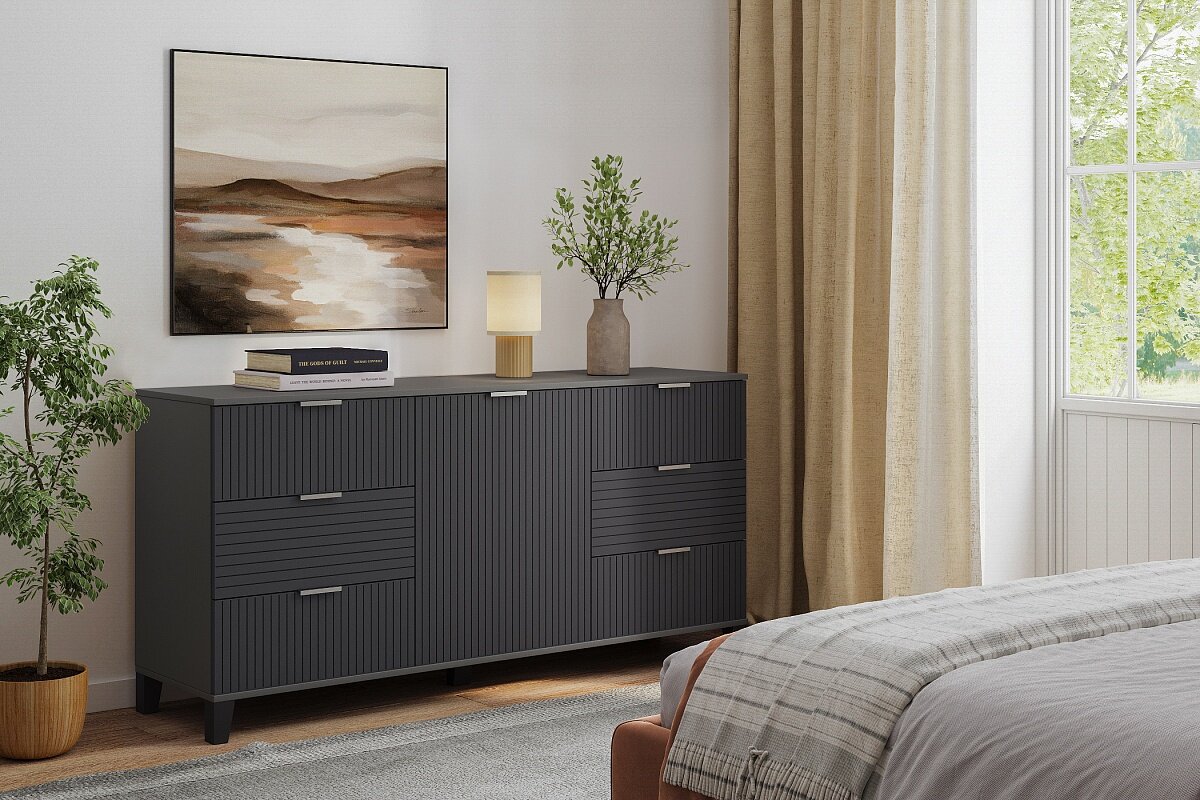 Комод МебельЛэнд24 Марвин 33 фрезеровка 8 Графит 150x40x70 серый однодверный с 6 ящиками