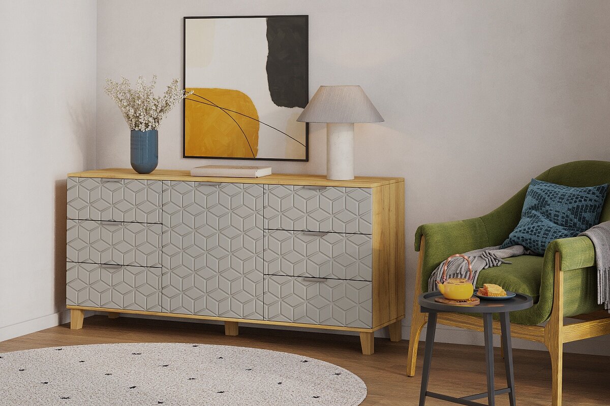 Комод МебельЛэнд24 Марвин 33 фрезеровка 2 Сантьяго 150x40x70 серый однодверный с 6 ящиками