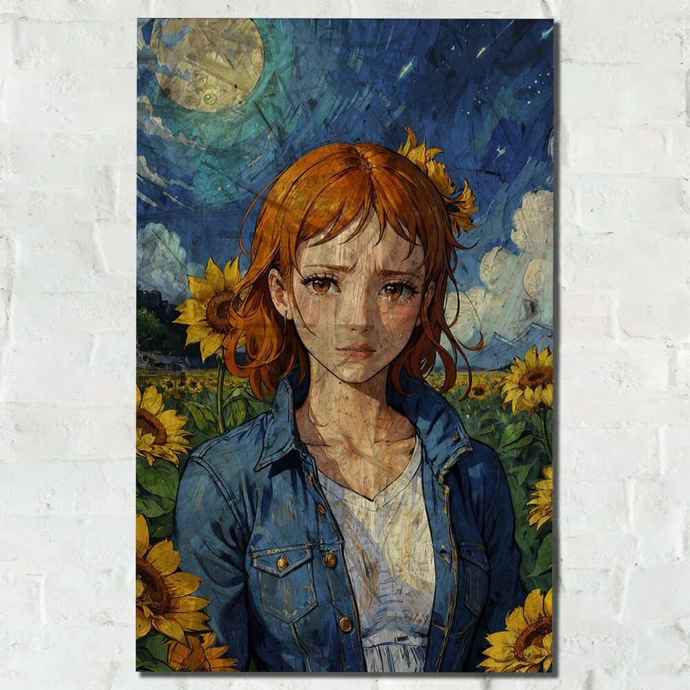Картина интерьерная на рельефной доске девушка аниме стилистика (поле, подсолнухи, пейзаж) - 13558 В