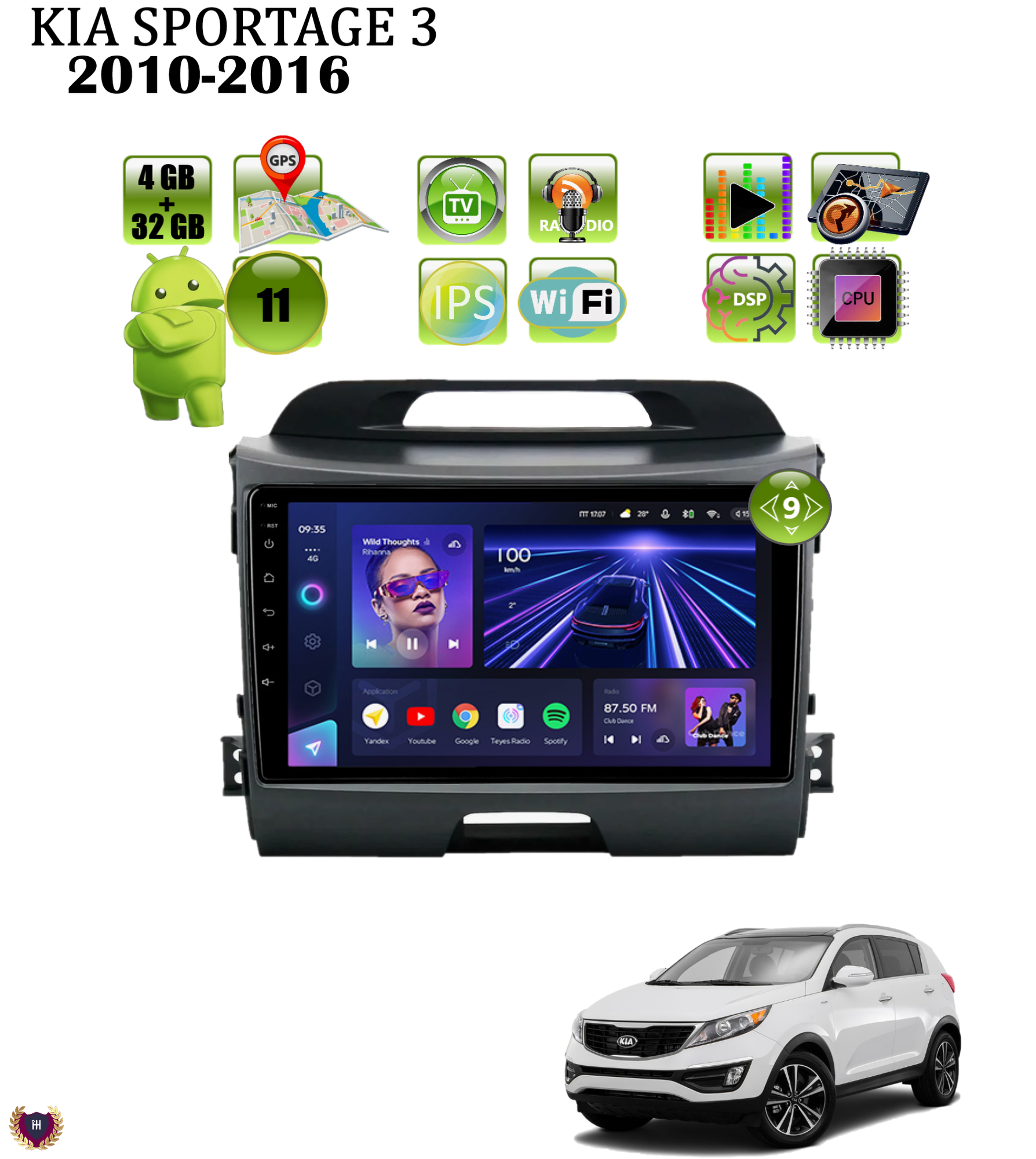 Автомагнитола для KIA Sportage 3 (2010-2016), Android 11, 4/32 Gb, Wi-Fi, Bluetooth, GPS, IPS, сенсорные кнопки, разделение экрана, поддержка кнопок на руле