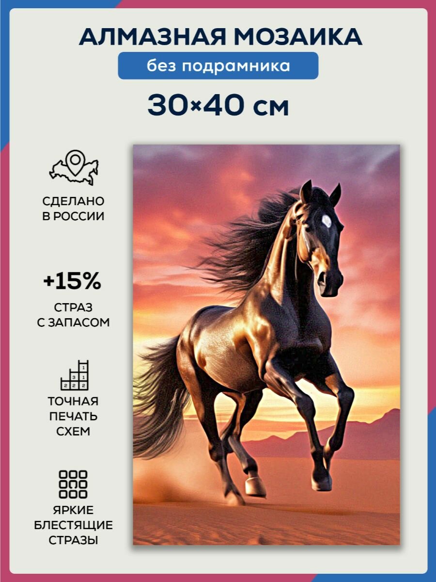 Алмазная мозаика 30x40 Конь на закате без подрамника