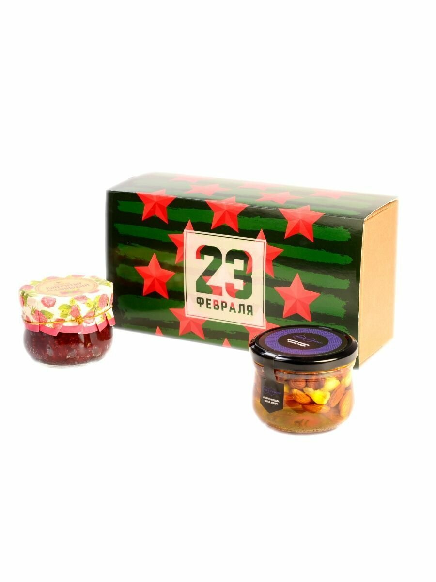 Подарочный набор "23 февраля Звезды" конфитюр малиновый, ассорти: миндаль, кешью, фундук в меду, Мед и Конфитюр