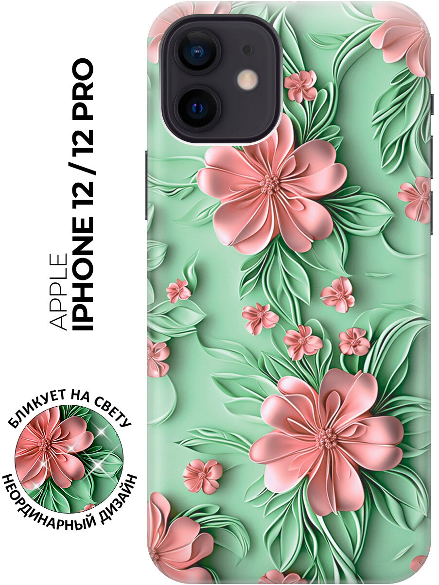 Силиконовый чехол на Apple iPhone 12 / 12 Pro с принтом "Розовые цветы на мятном фоне"