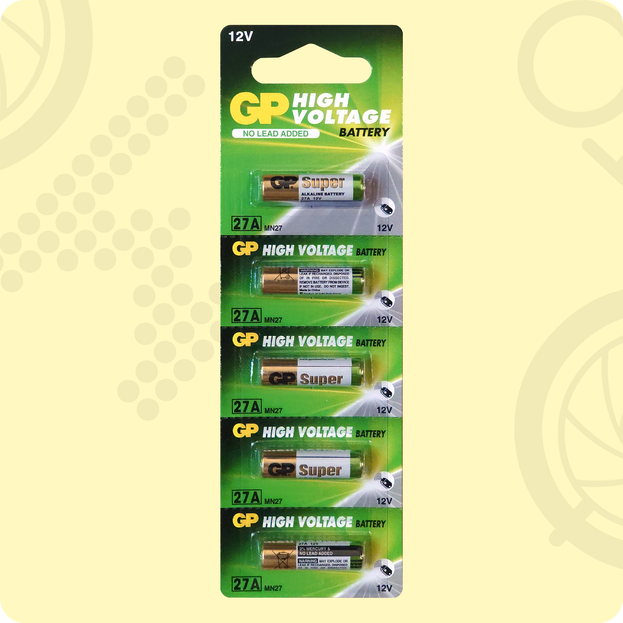 GP 27A (MN27) | 12 вольт, Щелочные (Алкалиновые) батарейки - 5шт.