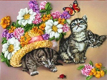 Набор для вышивания Каролинка #КЛ(Н)-4007 Котята, Вышивка лентами, 23.7 х 18.4 см