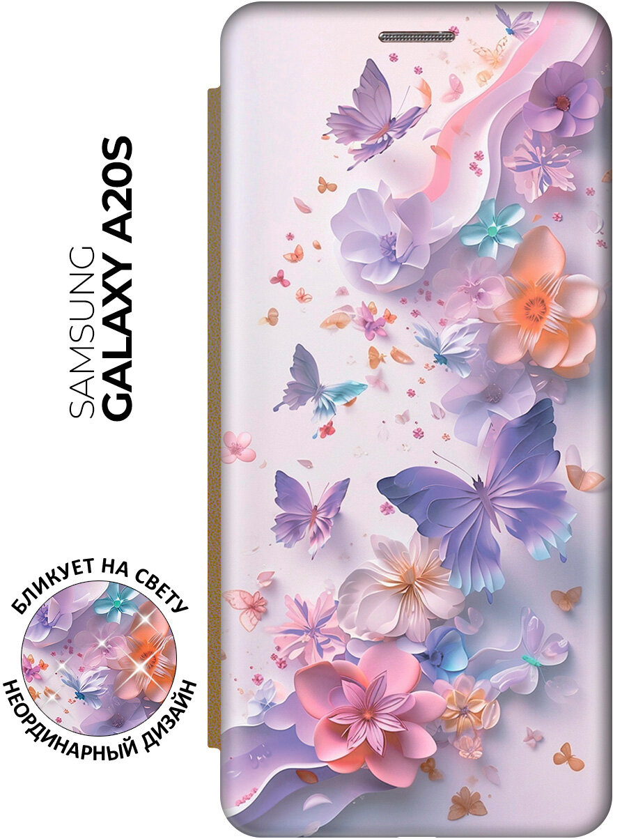Чехол-книжка на Samsung Galaxy A20s с принтом "Фиолетовые бабочки и бумажные цветы" золотой