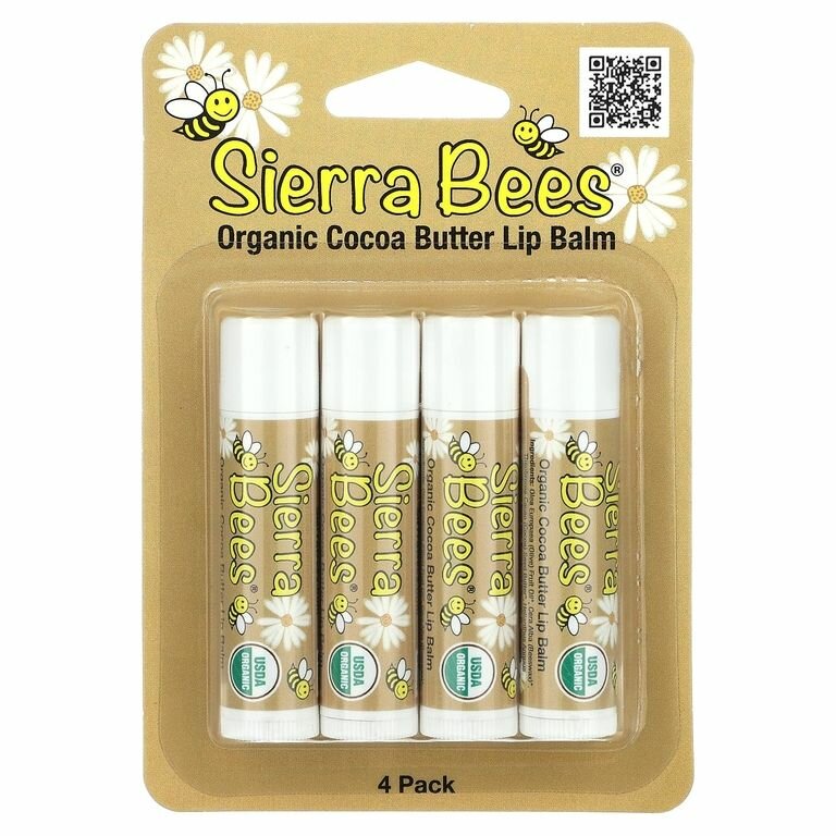 Sierra Bees, Органический бальзам для губ, какао-масло, 4 штуки