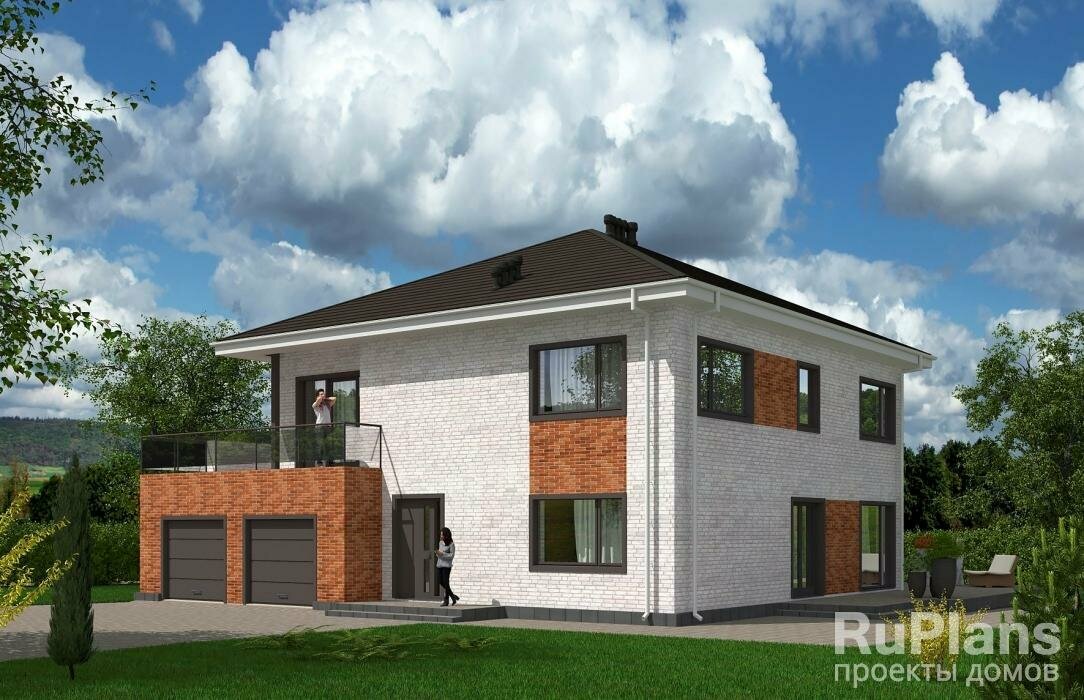 Проект двухэтажного дома с террасой гаражом (256 м2, 15м x 13м) Rg6108