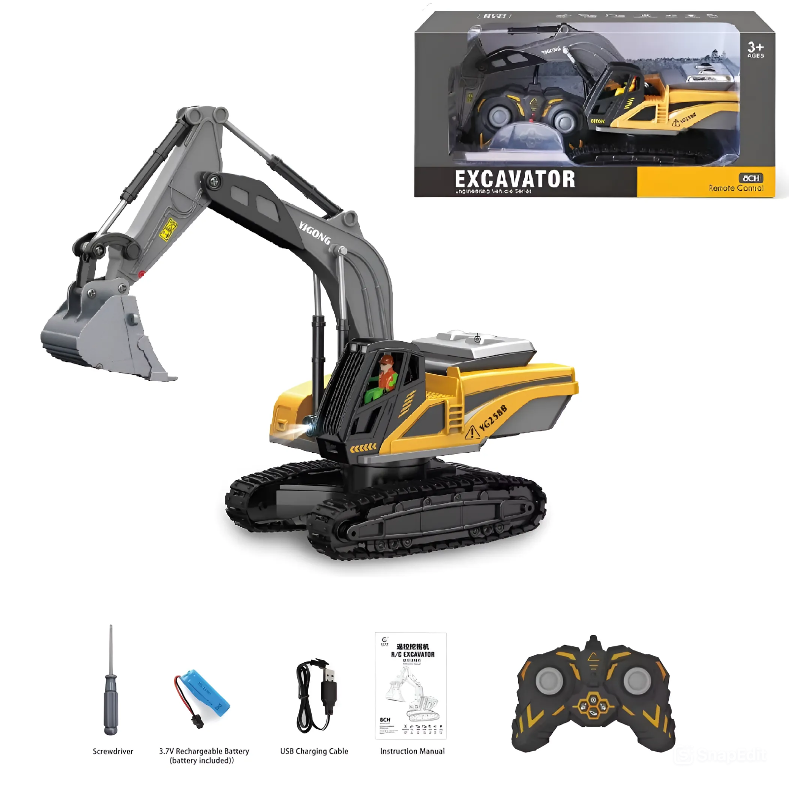 Экскаватор игрушка на радиоуправлении на аккумуляторе 1:22, световые и звуковые эффекты, металлический ковш