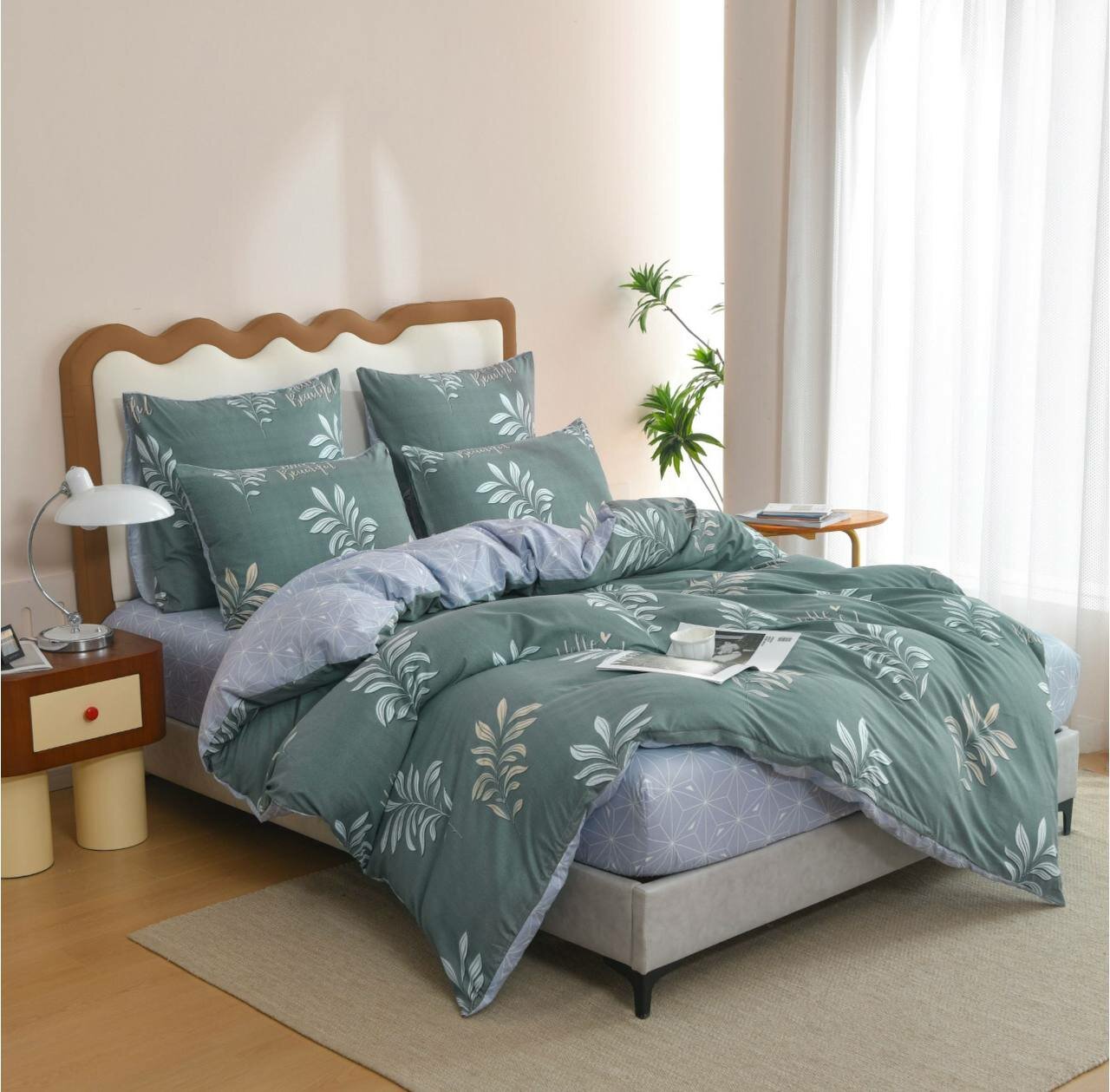 Комплект Постельного Белья Евро Сатин - Зеленые Веточки / простыня - 180x200+25 см на резинке по кругу