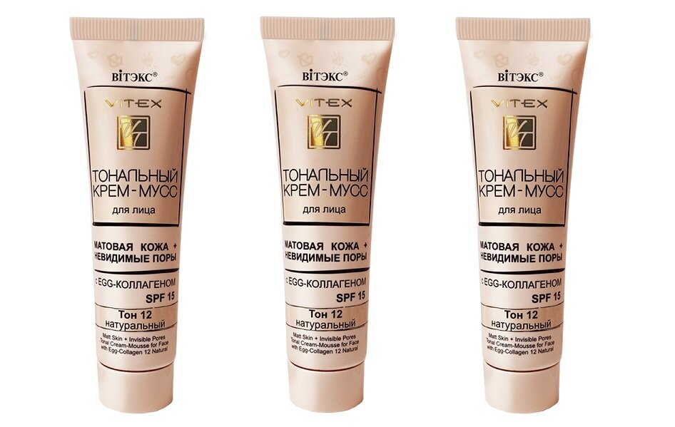 Тональный крем-мусс Vitex матовая кожа и невидимые поры c egg-коллаген spf15 тон 12 Натуральный, 30 мл , 3 шт.