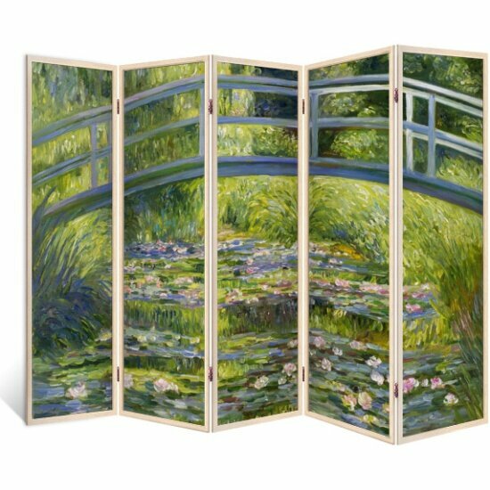 Ширма перегородка Декор Депо для комнаты деревянная "Японский мостик. Моне" двухсторонняя с картинкой (живопись) 5 створок кремовый дуб 176х230 см 18 кг