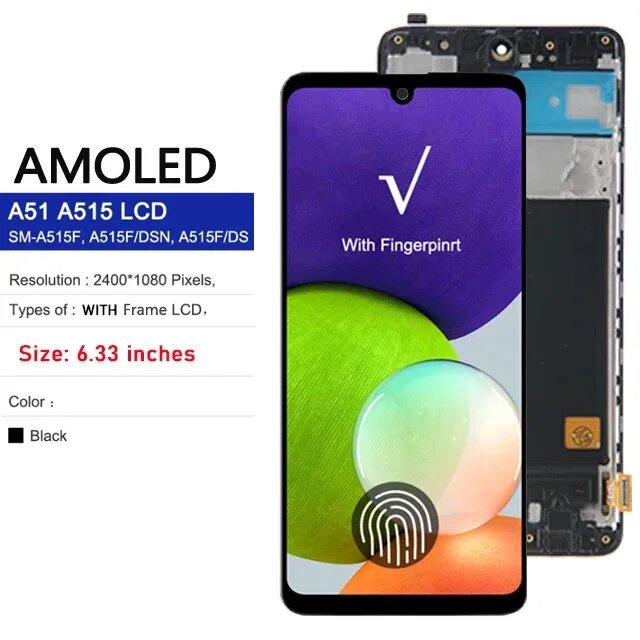 Super AMOLED ЖК-дисплей для Samsung A51, преобразователь сенсорного экрана в 6.33 OLED With Frame