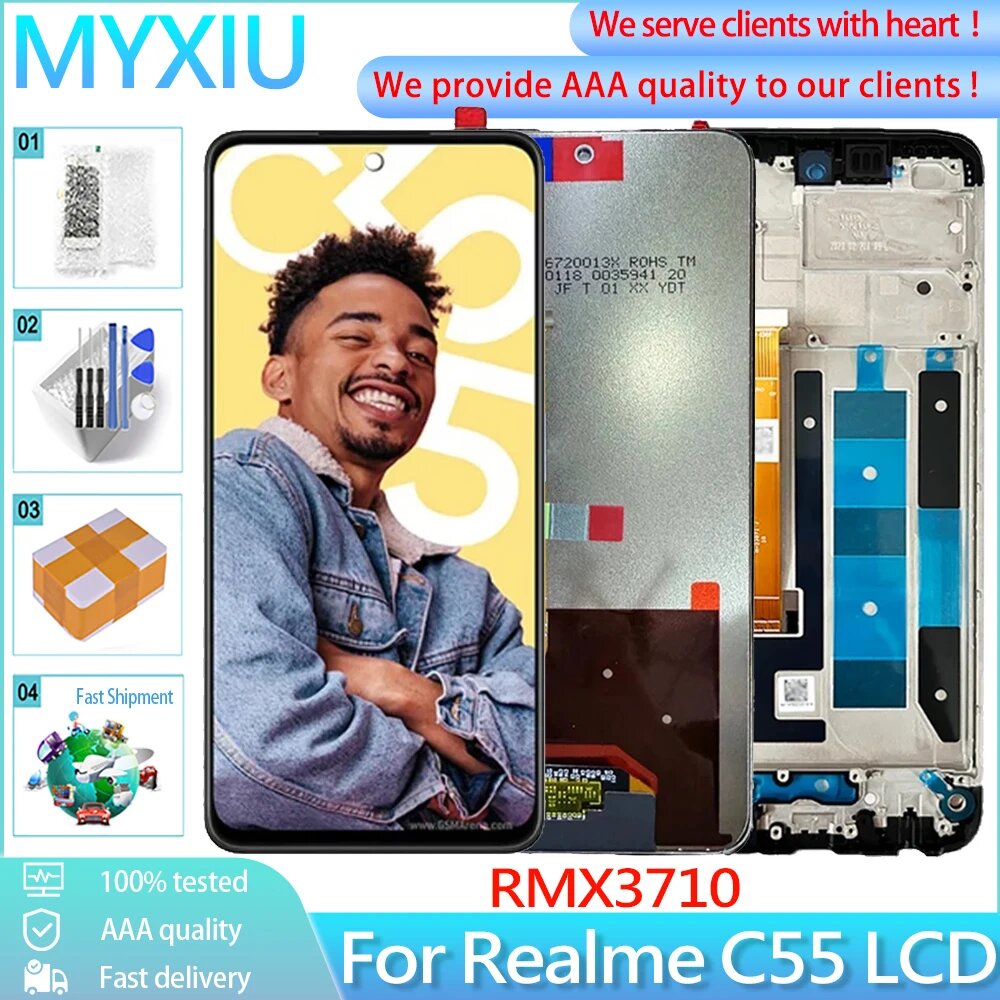 6,72 'IPS новый для OPPO Realme C55 RMX3710 ЖК-дисплей с цифровым преобразователем сенсорного экрана в сборе, замена для Realme C55 LCD Black With Frame