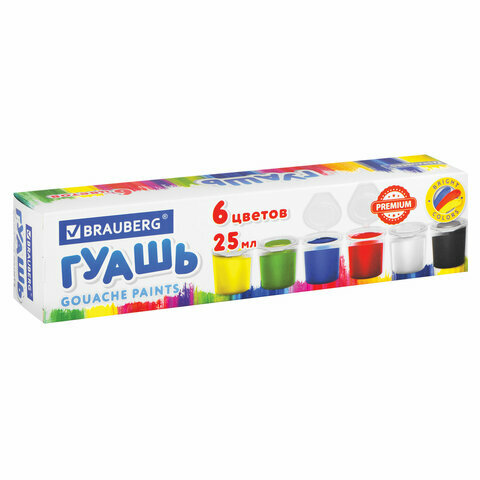 Гуашь BRAUBERG "PREMIUM", 6 цветов по 25 мл, картонная упаковка, 191699