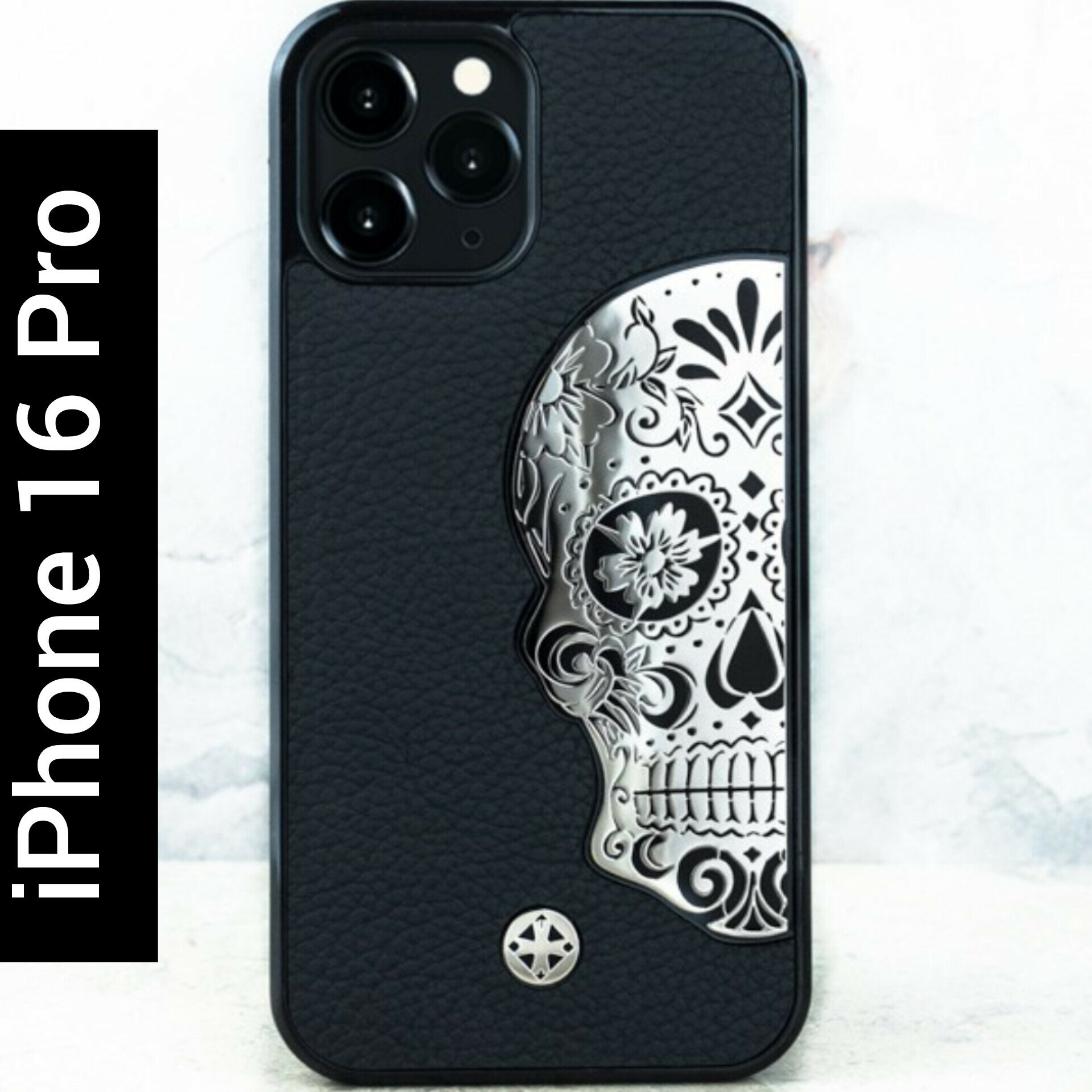 Чехол iPhone 16 Pro / Mexican Katrina's Skull Leather Black - Euphoria HM Premium - череп, натуральная кожа, металл