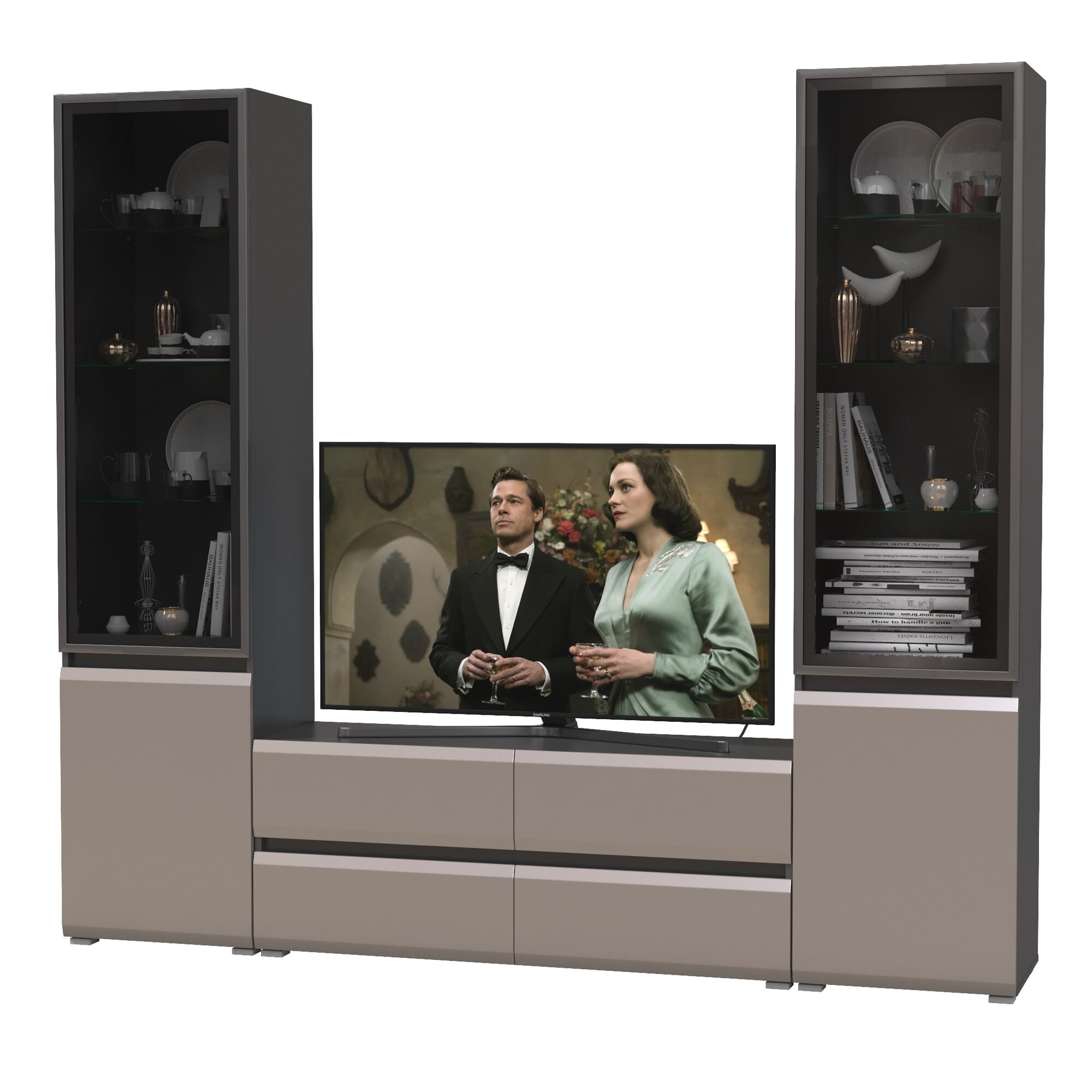Гостиная из ТВ-тумбы и двух шкафов-витрин Сидней, цвет антрацит/веллюто, 229,9х41,3х205,2 см.