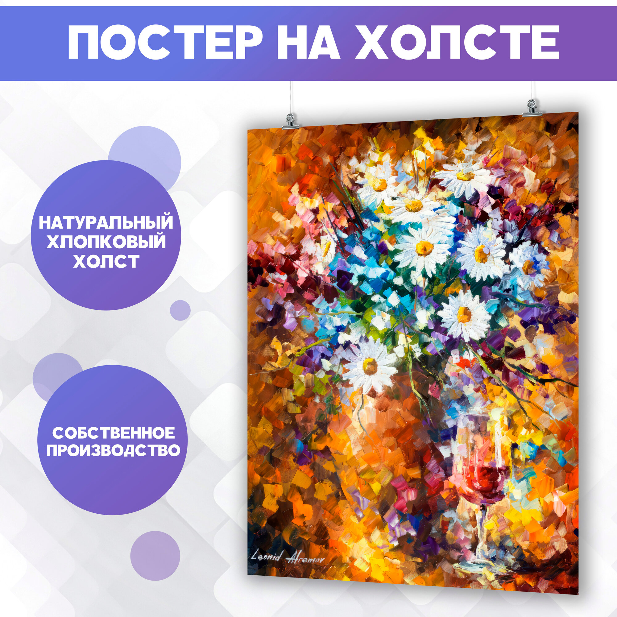 Постер на стену Леонид Афремов, цветы вино, репродукция 30х40 см