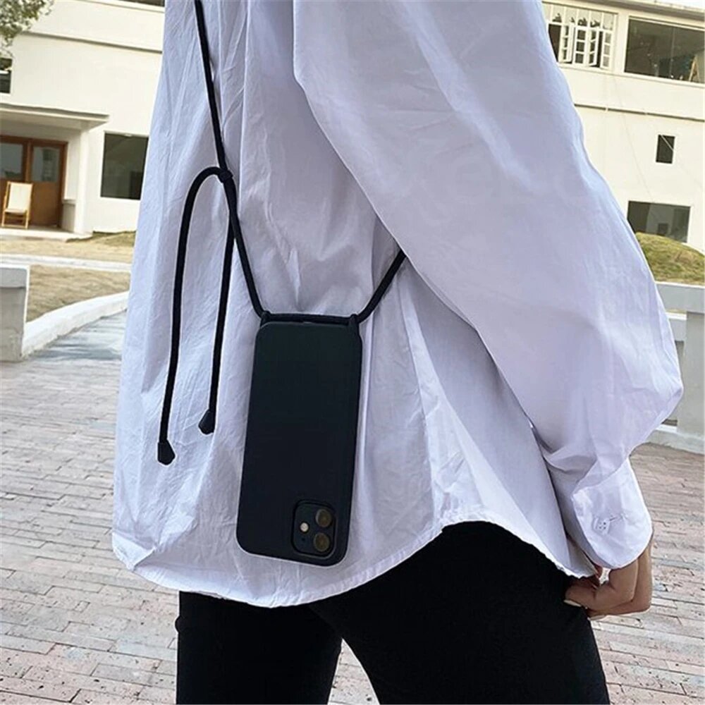 Жидкий силиконовый чехол с ремешком через плечо для iPhone 13 16 12 для айфон 12 про макс, black