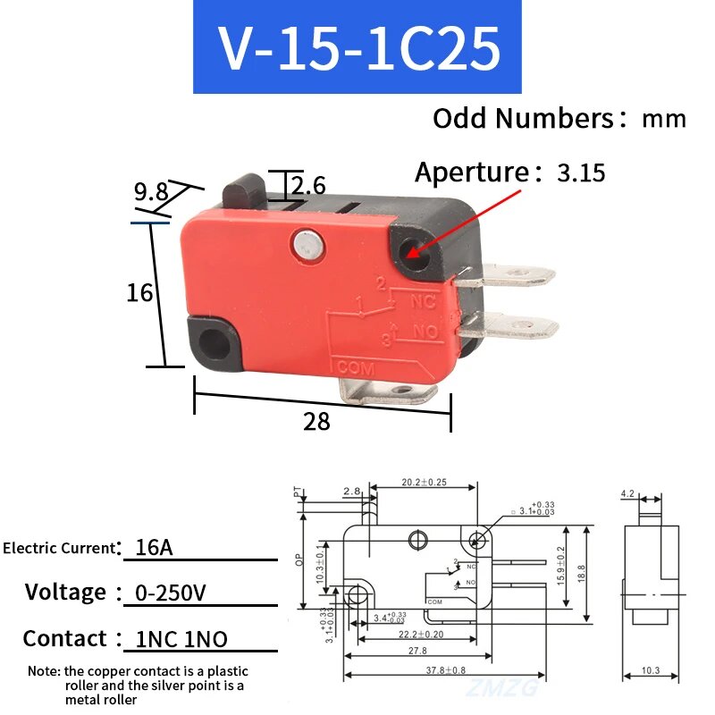 Микро-переключатель SPDT медный 15А 250В 10PCS, V-15-1C25, Copper contact