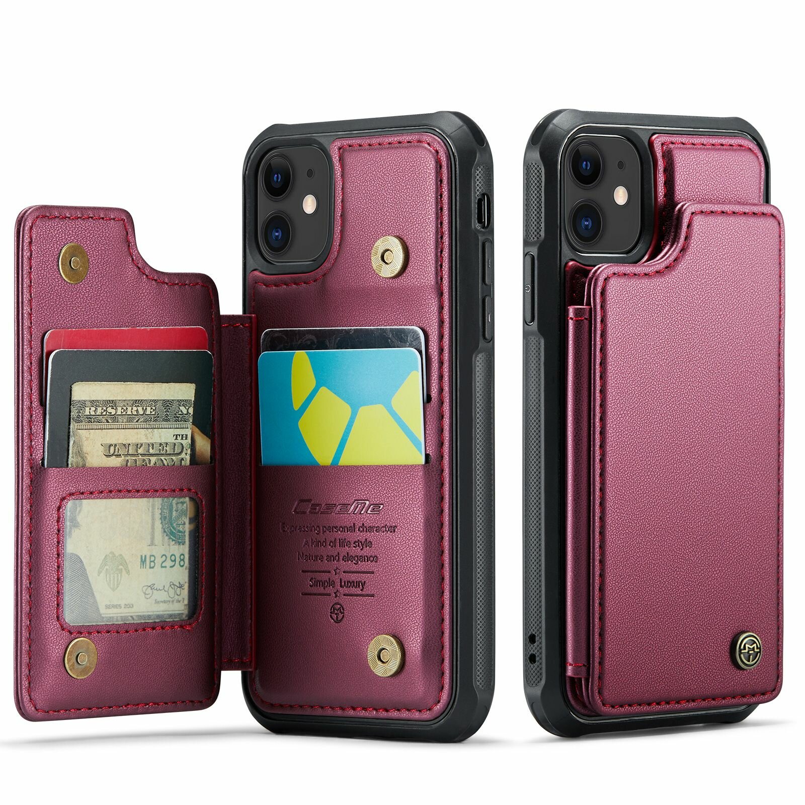 Caseme Кожаный чехол для Apple iPhone 11 / Aйфон 11 с кожаным держателем для карт и противоударной подставкой