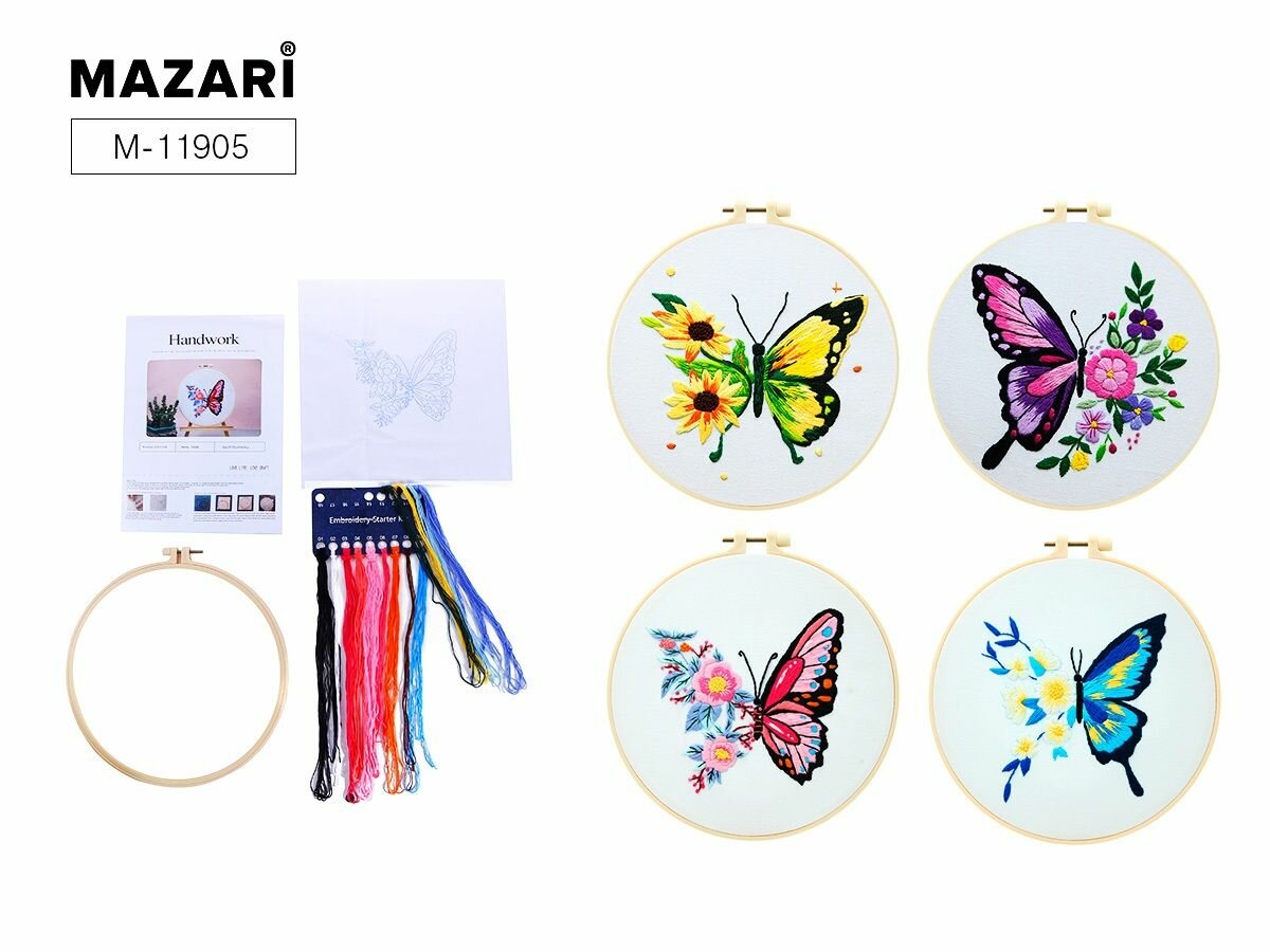 Набор для вышивания гладью 20 х 20 см, в ассортименте 4 дизайна. В наборе: ткань с нанесением рисунка, металлическая игла, нитки, пяльцы, инструкция,