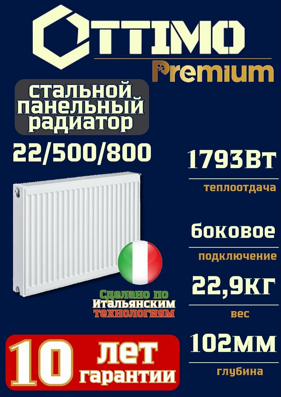 OTTIMO Premium, Тип 22/Высота 500мм/Длина 800мм, боковое подключение, стальной панельный радиатор