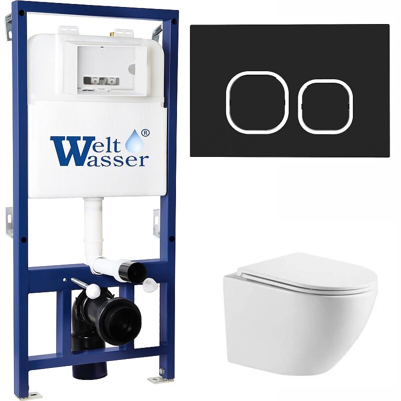 Унитаз подвесной WeltWasser BAMBERG 525+MERZBACH 043 XL GL-WT+BAMBERG BL белый/кнопка черная, безободковый, с крышкой микролифт, с инсталляцией, слив торнадо