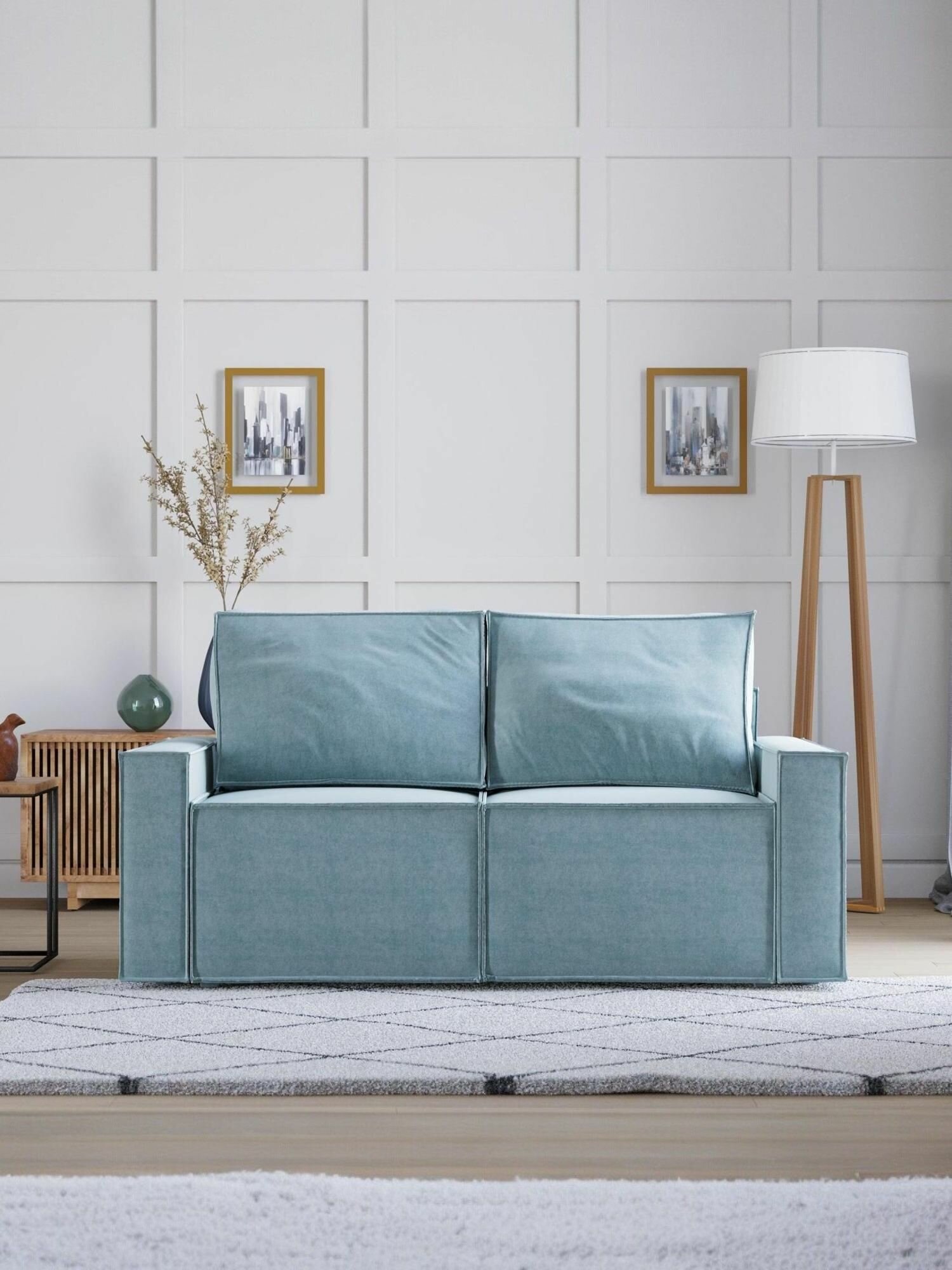 Прямой диван Manons Maison MINI, раскладной механизм Еврокнижка, Велюр Бирюзовый, 170х102х95 см